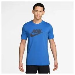 Laufshirt Nike "M NK DF TEE RUN SWOOSH", Gr. S, blau crystal, thunder blau, Obermaterial: 57% Baumwolle, 43% Polyester, Shirts Laufshirt, f&uuml;r Erwachsene, sportlicher Stil, f&uuml;r Lauftraining