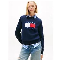 Tommy Hilfiger Strickpullover TOMMY JEANS "TJW TIPPING FLAG SWEATER EXT", Damen, Gr. XXL (44), schwarz night navy, Strick, Obermaterial: 100% Baumwolle, unifarben, relaxed fit h&uuml;ftbedeckend, Rundhals, Rippstrickb&uuml;ndchen, Pullover Strickpullover, mit Logo-Intarsie, Relaxed Fit