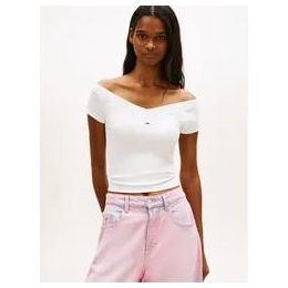 Tommy Hilfiger Kurzarmshirt TOMMY JEANS "TJW SLIM OFF SHOULDER RIB SS TOP", Damen, Gr. XS (34), ecru, Single Jersey, Obermaterial: 94% Baumwolle, 6% Elasthan, unifarben, slim fit taillenbedeckt, Carmenausschnitt, abgesteppte Kante, Shirts, mit gerippter Struktur, schulterfrei