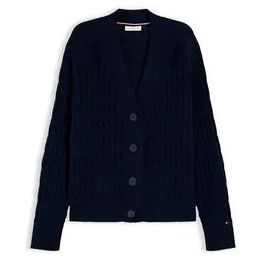 Strickjacke Tommy Hilfiger "MID GG CABLE V-NK LS CARDI", Damen, Gr. XS (34), schwarz night navy, Strick, Obermaterial: 100% Baumwolle, unifarben, regular fit normal, V-Ausschnitt, eingesetzt Rippstrickb&uuml;ndchen, Strickjacken Strickjacke, Baumwolle, mit Zopfstrickmuster