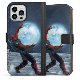 DeinDesign iPhone 13 Pro Max Handy Klapph&uuml;lle Handyh&uuml;lle aus Kunst Leder schwarz Flip Case Moon Marvel Deadpool Sideflip mit langer Lasche