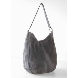 bonprix Veloursledertasche mit dekorativem Zusatzriemen, grau, Gr.34x38 cm, Zeitlose Ledertasche mit geflochtenem Tragehenkel, aus Veloursleder