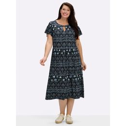 sheego Gro&szlig;e Gr&ouml;&szlig;en Jerseykleid mit Gummizug auf Taillenh&ouml;he, jeansblau-schwarz-bedruckt, Gr&ouml;&szlig;e 44 - Damen