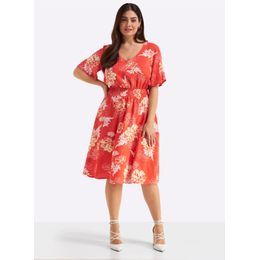 sheego Gro&szlig;e Gr&ouml;&szlig;en Blumenkleid mit breitem Smokbund, terra-vanille-bedruckt, Gr&ouml;&szlig;e 54 - Damen