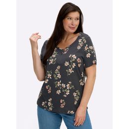 sheego Gro&szlig;e Gr&ouml;&szlig;en Kurzarmshirt mit Rei&szlig;verschluss am Ausschnitt, schwarz-ecru-bedruckt, Gr&ouml;&szlig;e 46 - Damen