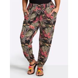 sheego Gro&szlig;e Gr&ouml;&szlig;en Jerseyhose mit Tropical-Print, schwarz-burgund-bedruckt, Gr&ouml;&szlig;e 56 - Damen