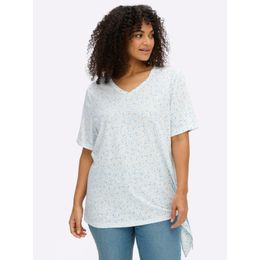 sheego Gro&szlig;e Gr&ouml;&szlig;en V-Shirt mit Knotendetail am Saum, ecru-aqua-bedruckt, Gr&ouml;&szlig;e 48/50 - Damen