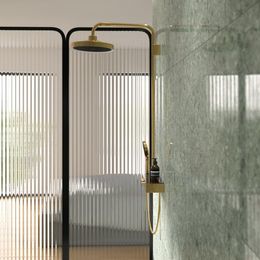Ideal Standard Solos Duschsystem A7883A2 mit Aufputz-Brausethermostat Ceratherm Navigo&reg; mit Ablage, Kopfbrause mit LED-Leuchtring, 3-Funktions-Hand- & Kopfbraus, Brushed Gold