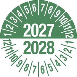 Pr&uuml;fplakette, Mehrjahreszahlen, gr&uuml;n, Dokumentenfolie, &Oslash; 35 mm, VE 10 Stk, 2027/2028 kaiserkraft