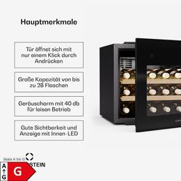 Klarstein Rhone 28 Uno Weink&uuml;hlschrank 28 Flaschen LED-Steuerung Push-to-Open leise Schwarz 28 Flaschen 1 K&uuml;hlzone