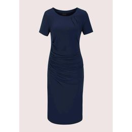 Madeleine Mode Sommerkleid MADELEINE "Etuikleid Viskosekleid mit asymmetrischen Falten", Damen, Gr. 46, N-Gr, blau (marine), Obermaterial: 60% Viskose CV. 31% Polyamid PA. 9% Elasthan EL., Modern, figurbetont, Kleider Sommerkleid, Etuikleid aus Jerseystretch