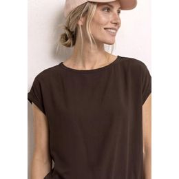 Shirtbluse Street One, Damen, Gr. 42, braun (espresso braun), Web, Obermaterial: 100% Viskose, unifarben, normal h&uuml;ftbedeckend, Rundhals, Aufschlag, Blusen, Sommerbluse mit Tapedetail an den Schultern