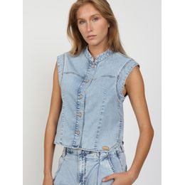Jeansweste Gang "94LARA VEST", Damen, Gr. S, sunbleached, Web, Obermaterial: 76% Baumwolle, 15% Polyester, 8% Viskose, 1% Elasthan, regular fit h&uuml;ftlang, Rundhals, Westen, &auml;rmelloser Relax-Fit