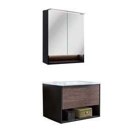 Fackelmann Badm&ouml;belset 'B.Paris' 70 cm 3-teilig schwarz/eichefarben mit Spiegelschrank