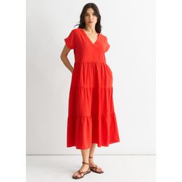 Rotes V-Ausschnitt-Taschen-Smock-Midikleid