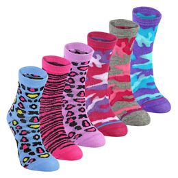 6er-Pack M&auml;dchen Tiermuster Baumwollsocken | Bunte Camouflage-Muster-Socken