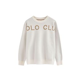Strickpullover ecru mit Polo Club-Logo in Kontrastfarbe