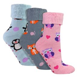 3er Pack Damenbett-Socken mit Grips | S&uuml;&szlig;es Tiermotiven Fluffy Rutschsocken