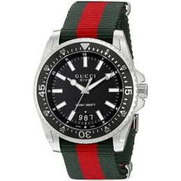 Gucci Dive Herrenuhr YA136206 mit schwarzem Zifferblatt und mehrfarbigem Armband