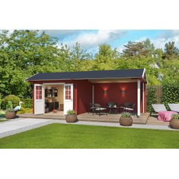 Gartenhaus Lasita Maja "New York", rot (schwedenrot), ohne Fu&szlig;boden, R&uuml;ckwand, ohne Dacheindeckung, Holzwerkstoff, Gartenh&auml;user, Gartenhaus, Blockbohlenhaus 34mm, mit Anbau