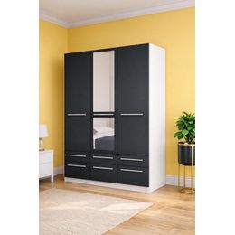 Kleiderschrank Priess "Schrank Garderobe W&auml;scheschrank Barcelona in 5 Breiten", schwarz (schwarz, wei&szlig;), B:140cm H:193cm T:54cm, Holzwerkstoff, Schr&auml;nke, Kleiderschrank, viel Stauraum, ger&auml;umige Schubk&auml;sten, mit Spiegel, MADE IN GERMANY