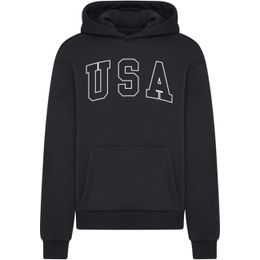 Kapuzensweatshirt MisterTee "MisterTee USA Fluffy Hoody", Herren, Gr. L, schwarz, 70% Baumwolle, 30% Polyester, bedruckt, Sweatshirts