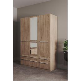 Kleiderschrank Priess "Schrank Garderobe W&auml;scheschrank Barcelona in 5 Breiten", braun (struktureichefarben hell), B:140cm H:193cm T:54cm, Holzwerkstoff, Schr&auml;nke, Kleiderschrank, viel Stauraum, ger&auml;umige Schubk&auml;sten, mit Spiegel, MADE IN GERMANY