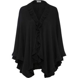 Strickponcho bonprix, Damen, schwarz, Feinstrick, Obermaterial: 40% Viskose, 30% Polyamid, 25% Polyester, 5% Kaschmir, unifarben, l&auml;ssig geschnitten h&uuml;ftbedeckend, ohne Ausschnitt, Pullover, weicher Feinstrick mit Kaschmiranteil, romantischer Volant, &Uuml;berwurf