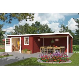 Gartenhaus Lasita Maja "Reno", rot (schwedenrot), ohne Fu&szlig;boden, R&uuml;ckwand, ohne Dacheindeckung, Massivholz, Gartenh&auml;user, Gartenhaus, Blockbohlenhaus 28mm, mit Anbau