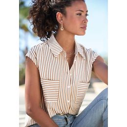 Kurzarmbluse Vivance, Damen, Gr. 44, creme, sand gestreift, Web, Obermaterial: 52% Viskose, 48% Polyester, gestreift, figurumspielend h&uuml;ftlang, angeschnitten, Blusen, aus b&uuml;gelfreier Strukturware, Damenbluse mit Streifenmuster
