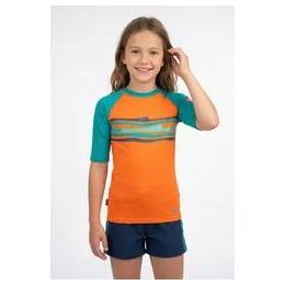 T-Shirt Trollkids "KIDS HAUKLAND T", M&auml;dchen, Gr. 140, bright orange, lake blau, Obermaterial: 92% Polyester, 8% Elasthan, Shirts T-Shirt, k&ouml;rpernaher Schnitt, kurze &Auml;rmel, mit Lichtschutzfaktor 50+