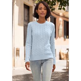Rundhalspullover Lascana, Damen, Gr. 40/42, hellblau, Strick, Obermaterial: 50% Baumwolle, 50% Polyacryl, unifarben, figurumspielend h&uuml;ftlang, Rundhals, Rippstrickb&uuml;ndchen, Pullover Rundhalspullover, mit Zopfstrickmuster, gem&uuml;tlicher Strickpullover, klassisch