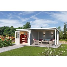 Gartenhaus Lasita Maja "Saint Paul", grau (lichtgrau), ohne Fu&szlig;boden, R&uuml;ckwand, ohne Dacheindeckung, Massivholz, Gartenh&auml;user, Gartenhaus, Blockbohlenhaus 28mm, mit Anbau