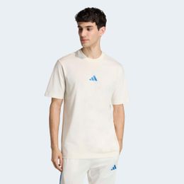 T-Shirt adidas Sportswear "ESSENTIALS SMALL LOGO SINGLE JERSEY", Herren, Gr. S, sanftes wei&szlig;, ray blau, Obermaterial: 100% Baumwolle, normal, Rundhals, Shirts T-Shirt, sportliches Kurzarmshirt, mit Rundhalsausschnitt