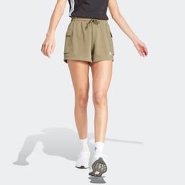 Shorts adidas Sportswear "ESSENTIALS SMALL LOGO FRENCH TERRY", Damen, Gr. XS, N-Gr, gr&uuml;n (olive strata, wei&szlig;, normal, gr.), Obermaterial: 70% Baumwolle, 30% Polyester, Hosen Shorts, lockere Passform, mit Kordelverschluss, aus weichem French Terry