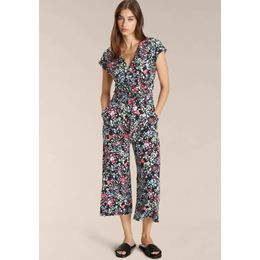 Culotte-Overall Tamaris, Damen, Gr. 34, N-Gr, schwarz, Single Jersey, Obermaterial: 95% Viskose, 5% Elasthan, gebl&uuml;mt, figurumspielend ca. Mitte Wade, V-Ausschnitt, Overalls, mit Bindeg&uuml;rtel und modernem Muster