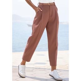 Bundfaltenhose Lascana, Damen, Gr. 36, N-Gr, nougat, Web, Obermaterial: 76% Polyester, 20% Viskose, 4% Elasthan, unifarben, figurumspielend kn&ouml;chelfrei, Hosen, mit G&uuml;rtel, in modischer Barrel-Form, Businesshose