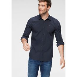 Langarmhemd Tommy Jeans "Sabim Stretch Shirt", Herren, Gr. XL, N-Gr, blau (schwarz iris), Web, Obermaterial: 97% Baumwolle, 3% Elasthan, unifarben, schmal normal, Rundhals, eingesetzt 2-Knopf-Manschette mit Schlitz, Hemden, Stretch Hemd, Premium, Slim Fit, mit Elasthan