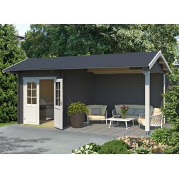 Gartenhaus Lasita Maja "Kenzo 300", grau (carbongrau), Fu&szlig;boden im Gartenhaus, R&uuml;ckwand, ohne Dacheindeckung, Massivholz, Gartenh&auml;user, Gartenhaus, Blockbohlenhaus 34mm mit Anbau