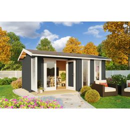 Gartenhaus Lasita Maja "Riverside", grau (carbongrau), Fu&szlig;boden im Gartenhaus, ohne Dacheindeckung, Massivholz, Gartenh&auml;user, Gartenhaus, Blockbohlenhaus 28mm, mit Terrasse