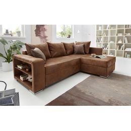 Ecksofa Collection AB "John L-Form, B: 226 cm", braun (mittelbraun), B:226cm H:85cm T:160cm, Microfaser PRIMABELLE (100% Polyester);Zierkissen: 100% Polyester;Luxus-Microfaser 1 (100% Polyester);Luxus-Microfaser 2 (100% Polyester), Sofas, Ecksofa, Bettfunktion, Bettkasten, Regalelement & 2 Zierkissen, Federkern