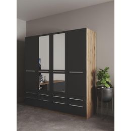 Kleiderschrank Priess "Schrank Garderobe W&auml;scheschrank Barcelona in 5 Breiten", schwarz (astkernbuche, schwarz), B:185cm H:193cm T:54cm, Holzwerkstoff, Schr&auml;nke, Kleiderschrank, viel Stauraum, ger&auml;umige Schubk&auml;sten, mit Spiegel, MADE IN GERMANY