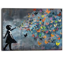 Wandbild Reinders "Streetart-Schmetterlinge", bunt (farbe bild(er): mehrfarbig), B:140cm H:100cm T:3,1cm, Bilder, Hobbyraum - Inspiriert von Banksy - Mehrfarbig - MDF - 140x100 cm