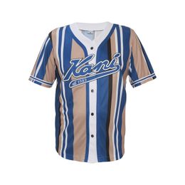 T-Shirt Karl Kani "Karl Kani Herren KM232-010-2 KK Varsity Striped Baseball Shirt", Damen, Gr. M, blau, sand, wei&szlig;, 100% Polyester (Recycelt), gestreift, normal, V-Ausschnitt, Shirts T-Shirt