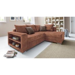 Ecksofa Collection AB "John L-Form, B: 226 cm", braun (cognac), B:226cm H:85cm T:160cm, Microfaser PRIMABELLE (100% Polyester);Zierkissen: 100% Polyester;Luxus-Microfaser 1 (100% Polyester);Luxus-Microfaser 2 (100% Polyester), Sofas, Ecksofa, Bettfunktion, Bettkasten, Regalelement & 2 Zierkissen, Federkern