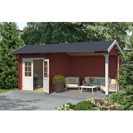 Gartenhaus Lasita Maja "Kenzo 300", rot (schwedenrot), Fu&szlig;boden im Gartenhaus, R&uuml;ckwand, ohne Dacheindeckung, Massivholz, Gartenh&auml;user, Gartenhaus, Blockbohlenhaus 34mm mit Anbau