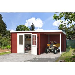 Gartenhaus Lasita Maja "Tampa", rot (schwedenrot), ohne Fu&szlig;boden, R&uuml;ckwand, ohne Dacheindeckung, Massivholz, Gartenh&auml;user, Gartenhaus, Blockbohlenhaus 28mm, mit Anbau