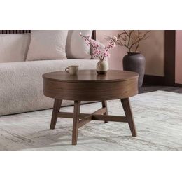 Riess Ambiente Massiver Couchtisch KYOTO 70cm braun Mangoholz im Walnuss-Design mit Stauraum Riess-Ambiente Sofatisch Wohnzimmertisch rund Asiatisch Natur Retro...