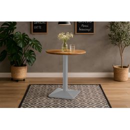 Bistrotisch Schweizer Kante massiv Akazie naturfarben 60 cm S&auml;ulengestell-eckig silber BRASILIA