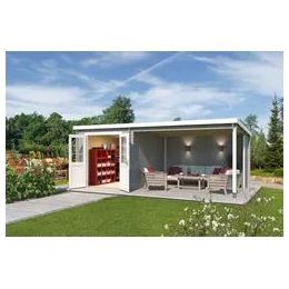 Gartenhaus Lasita Maja "Saint Paul", grau (lichtgrau), ohne Fu&szlig;boden, R&uuml;ckwand, ohne Dacheindeckung, Massivholz, Gartenh&auml;user, Gartenhaus, Blockbohlenhaus 28mm, mit Anbau
